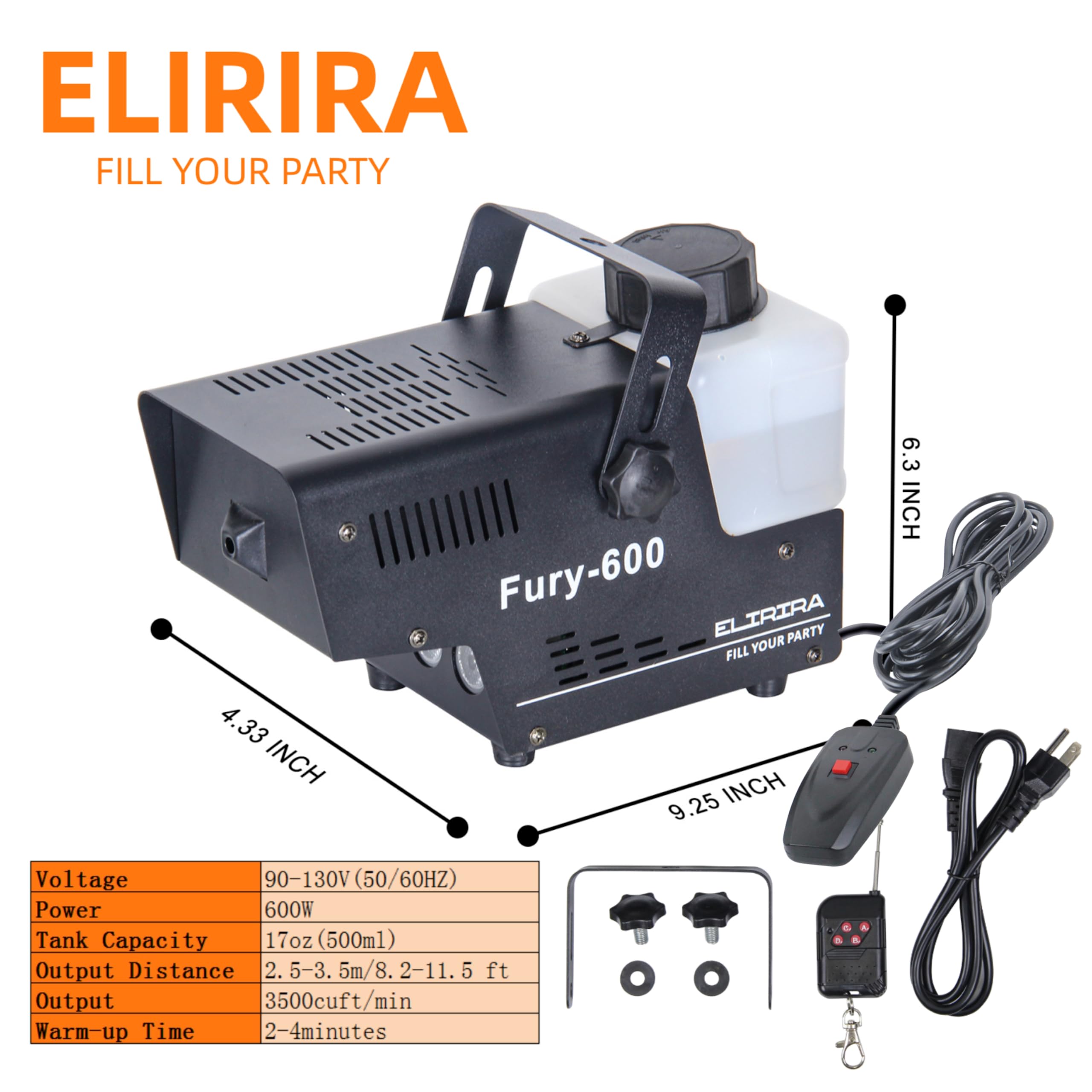 ELIRIRA Fog Machine Smoke Machine Metal Case LED Light 600W and 3500CFM Fog with Wireless Remote Control for Birthday,Wedding, Halloween,DJ Party,Stage Effect, with Safe Protection