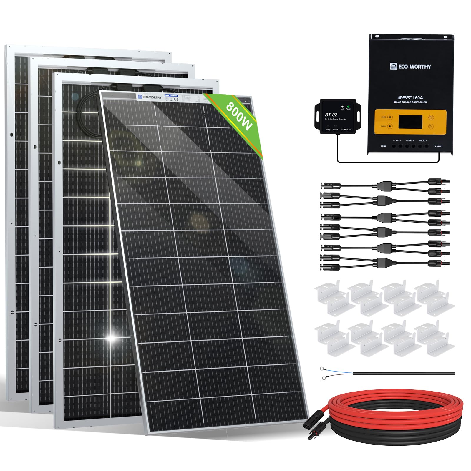 ECO-WORTHY 800 Watts Solar Panel Off Grid RV Boat Kit: 4pcs Bifacial 195W Solar Panels + 12V 60A MPPT Charger Controller+ Bluetooth Module 5.0 + 16Ft Solar Cable + Z Mounting Brackets