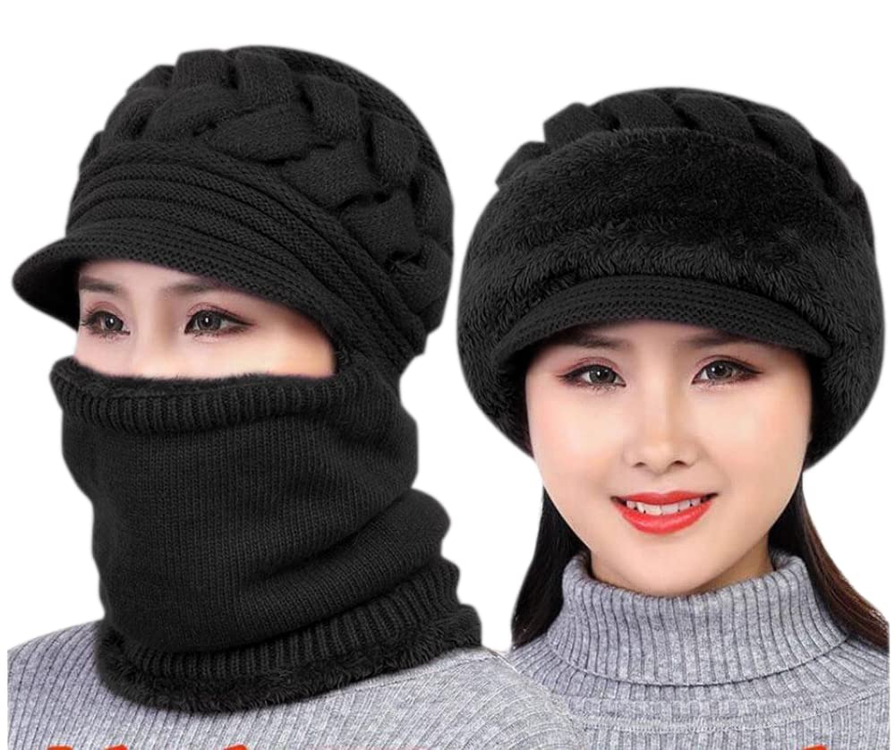 Fleece Lined Womens Beanie Knit Hat, Winter Scarf Mask Set,Middle-Aged and Elderly Mother Warm Hat Earmuffs Cap (one Size, Black)