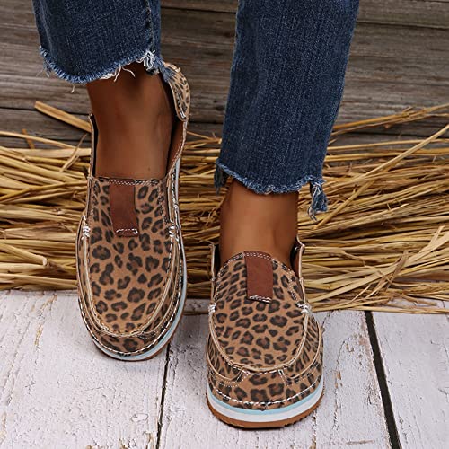 FASDNENDYS Breathable Comfortable Casual Single Print Shoes Toe Leopard Women Round Slip On Flat Women's Shoes Women Leather