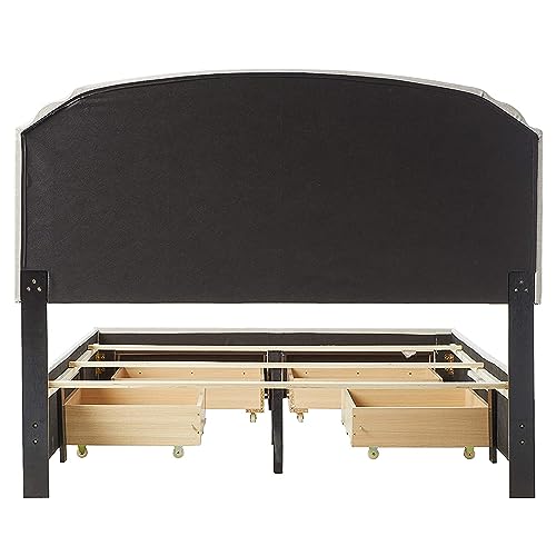 DG Casa Argo Upholstered Panel Bed Frame with Storage Drawers and Diamond Button Tufted Nailhead Trim Headboard, King Size in Platinum Fabric