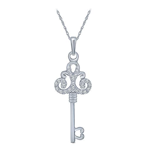 Elmas 1/10CT Round White Diamond 10K White Gold Dainty Key Pendant Necklace for Women