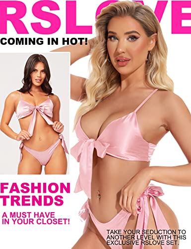 RSLOVE Women Sexy Lingerie Set Satin Bow Tie 2 Piece Bra and Panty Sets Pink L