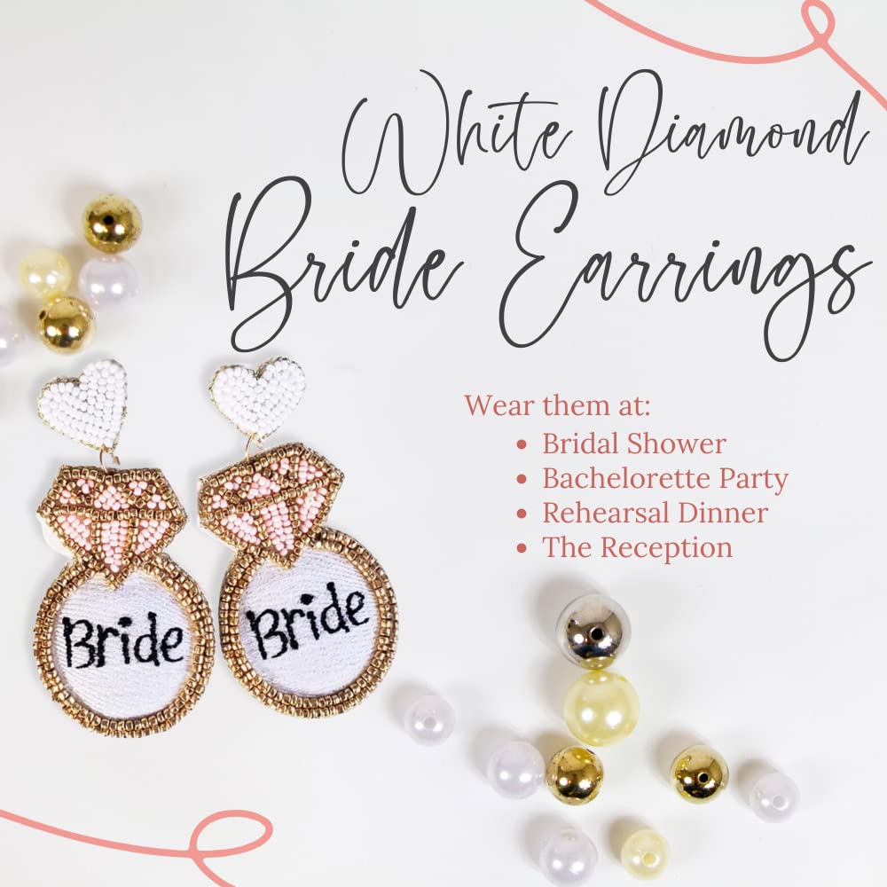 Diamond Ring Bride Earrings, Seed Bead Bride Earrings Bachelorette, Beaded Diamond Ring Bride Earrings, Wedding Accessories for Brides, Bride Bachelorette Accessories (Bride - White)