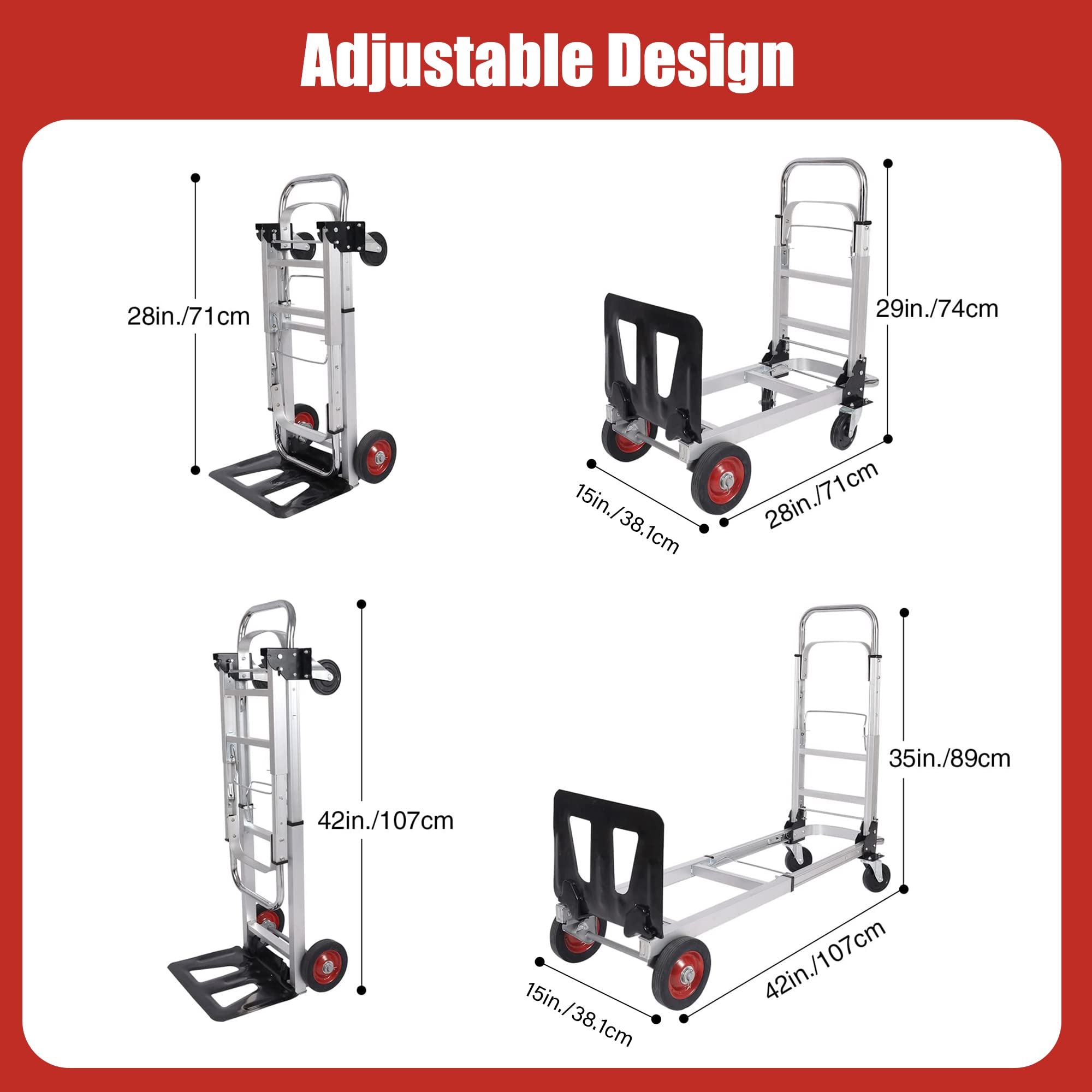 Folding Hand Truck, 3 in1 Aluminum Hand Truck with 3-Position Folding Pulley Handles, Load Capacity 220 lbs