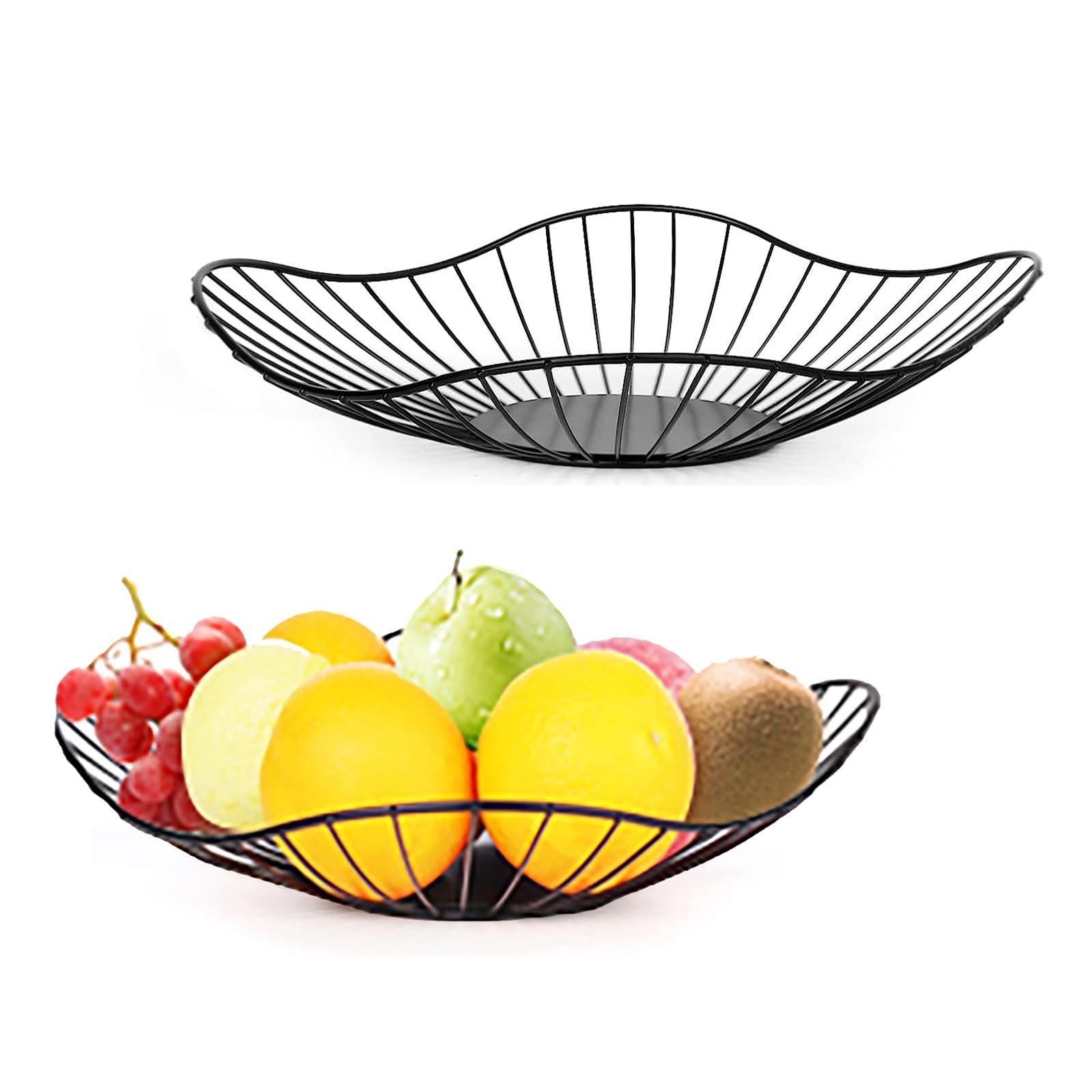 Fodayuse 2 Pcs Flat Modern Fruit Bowl, Fruit Holder for Fruit and Vegetable Storage, Minimalism Wire Fruit Bowls for Kitchen Counter, Home Decor, Countertop, Table Centerpiece, Black
