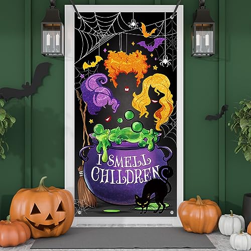 Deroro Halloween I Smell Children Door Cover Decorations, Sanderson Sisters Witches Hocus Pocus Front Door Banner Background, Spider Web Bats Black Cat Holiday Indoor Outdoor Home Decor 3 x 6 FT