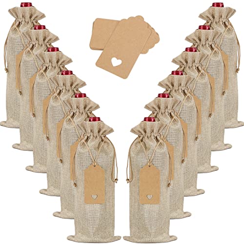 Qibote Burlap Wine Bags with Drawstrings, Wine Bags Gift - Single Reusable Bottle Bags Perfect for Travel, Wedding, Birthday, Housewarming and Dinner Party (12 Pcs - Brown)