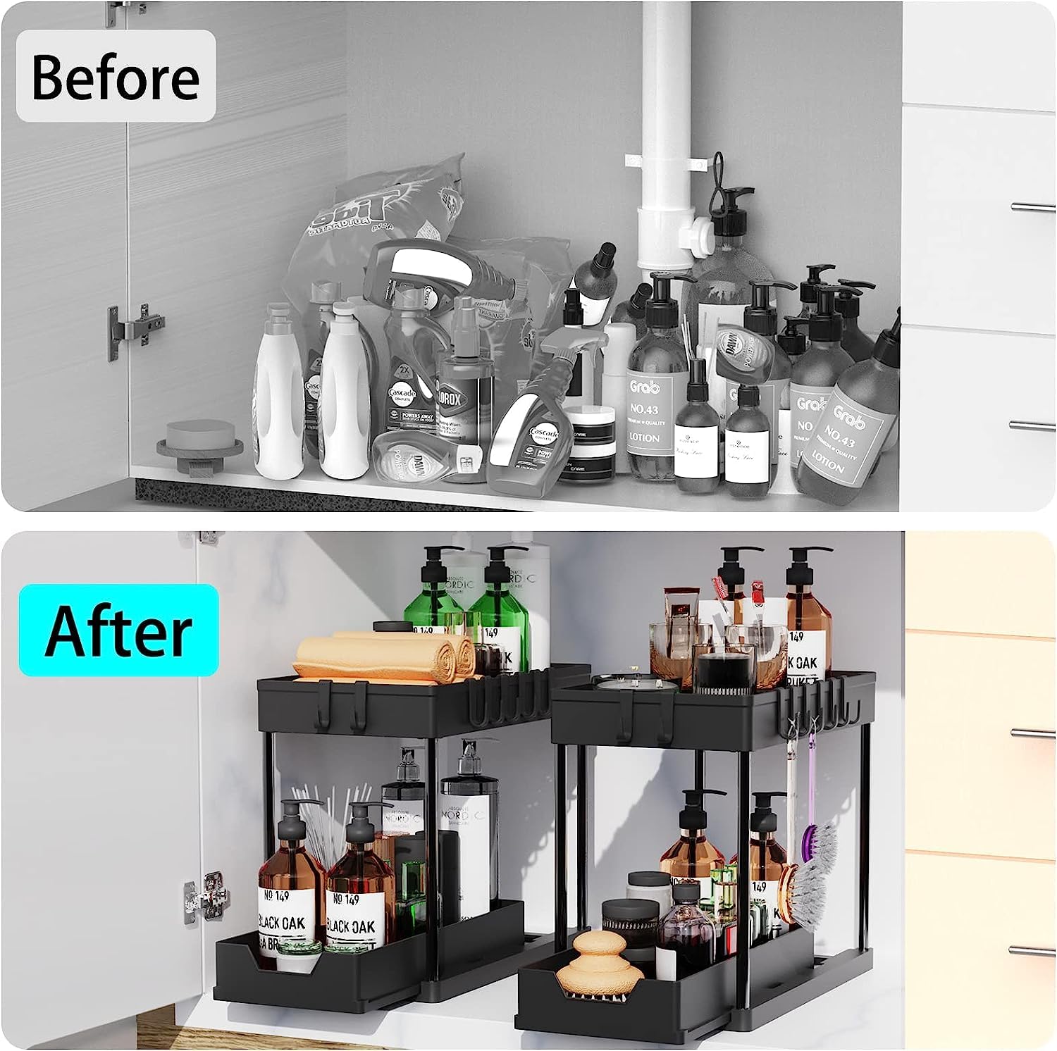 FatPnut Kitchen Under Sink Organizer, 2 Tier Slide Out Under Cabinet Organizer, 2 Pack Double Shelf Kitchen Storage, Under the Sink Organizer Bathroom (Black) SCSN-L-02