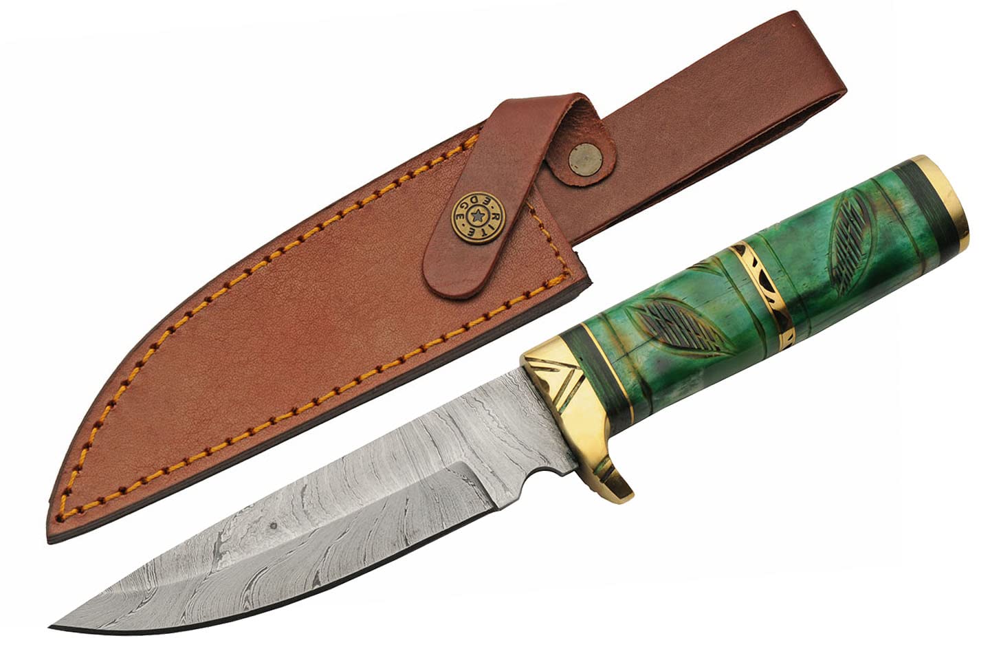 Damascus Steel Blade Brass Forrest Bone Handle Brass & Wood Spacers 10.5" Hunting Knife