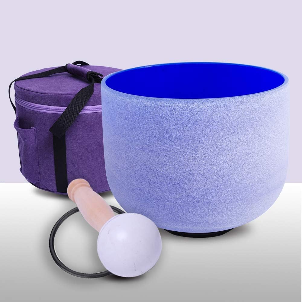 ENERGYSOUND 432Hz Perfect Pitch G Note Throat Chakra Blue Colored Frosted Quartz Crystal Singing Bowl 8 inch Carrier bag included
