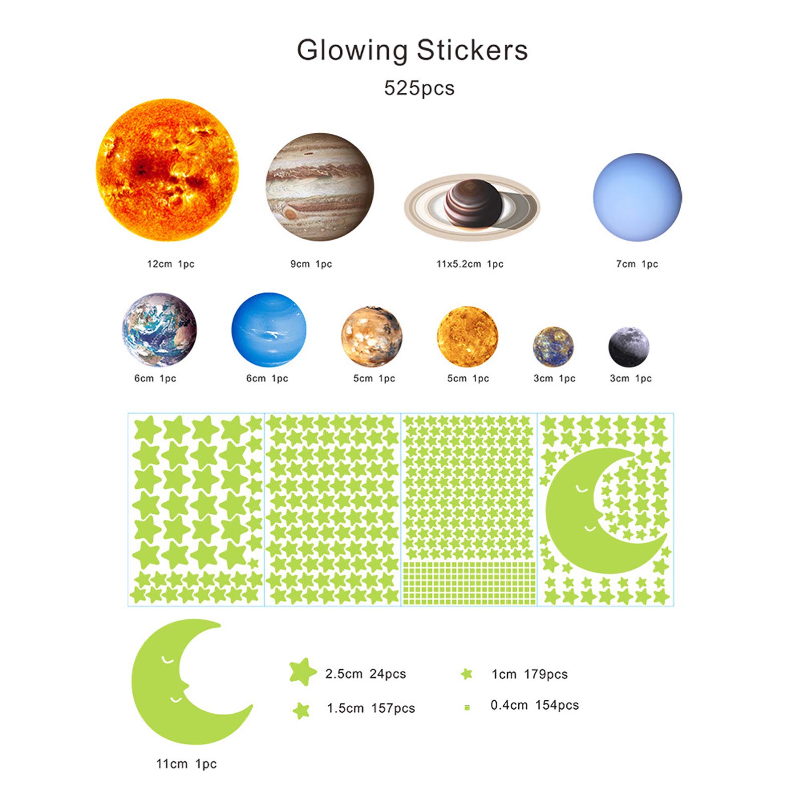 Glow in The Dark Stickers for Ceiling, 525Pcs Dark Stars and Moon Decals Wall Stickers Solar System Shining Decoration, Glowing in The Dark Ceiling Decors for Kids, Boys, Girls Bedroom