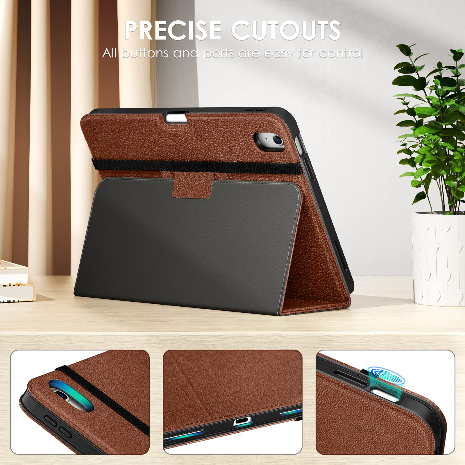 DTTO Folio Case for iPad 10th Generation - [Built-in Pencil Holder] Premium Vegan Leather Stand Folding Cover for iPad 10.9 Inch 2022, Auto Wake/Sleep, Brown