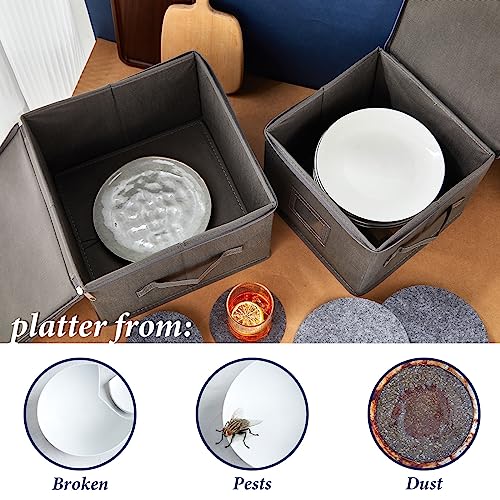 Geelin 6 Pieces China Storage Containers for Plate 2 Sizes Dinnerware Storage Box with Zipper Lid and Handles Including 40 Thick Felt Dividers Square Dinnerware Box for Stackable Bowls Cookware, Gray