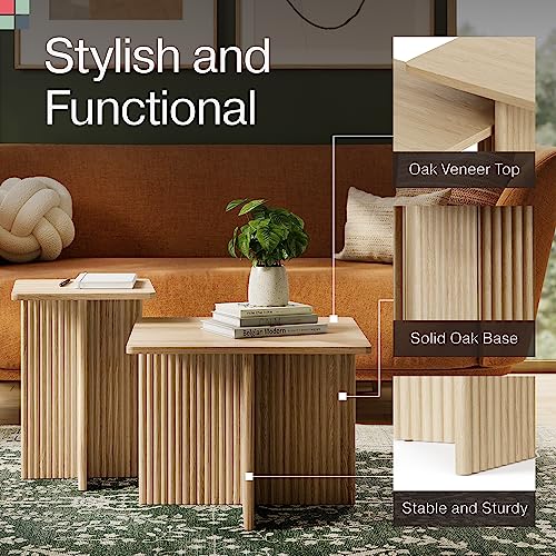 Square Fluted Nesting Coffee Table - 2 Piece Square Coffee Table Set - Living Room Furniture - Modern Home Decor - Solid Oak Base (Natural Oak)