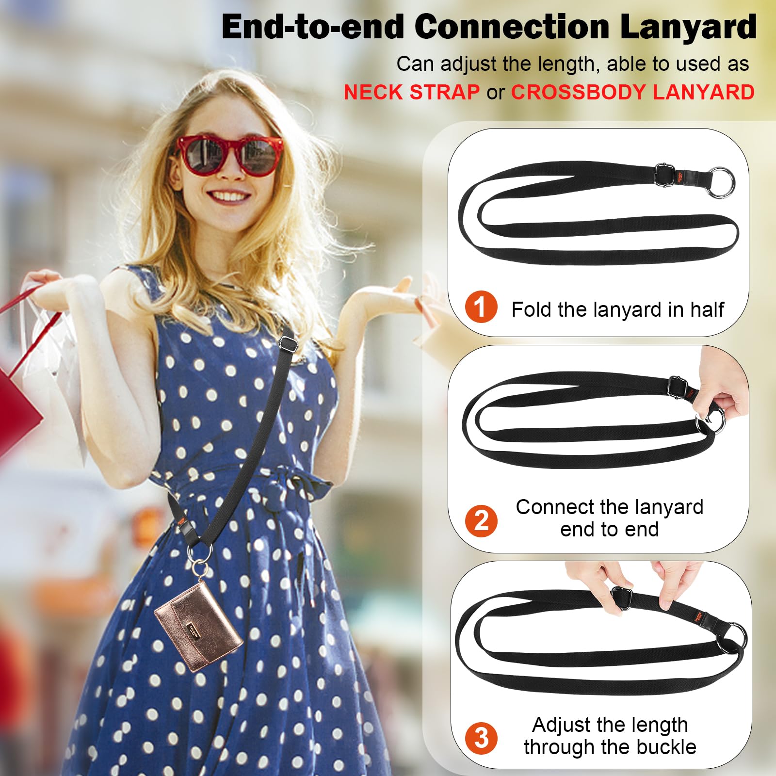 Desing Wish Dual-use Adjustable Lanyard for Original Long Crossbody Lanyard or End-to-end Connection Lanyard, Anti-Lost Cross Body Strap Cotton Neck Strap Holder for Keys Wallet Camera (Black)