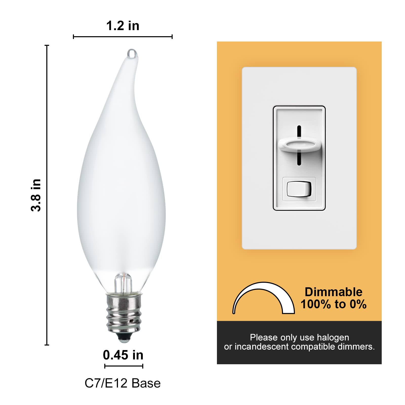 DGE 25 Watt Warm White Ceiling Fan Light Bulbs C32 Chandelier Light Bulbs Bright and Long Lasting 230 Lumen Bent Tip Light Bulb with E12 Candelabra Base, 12 Packs