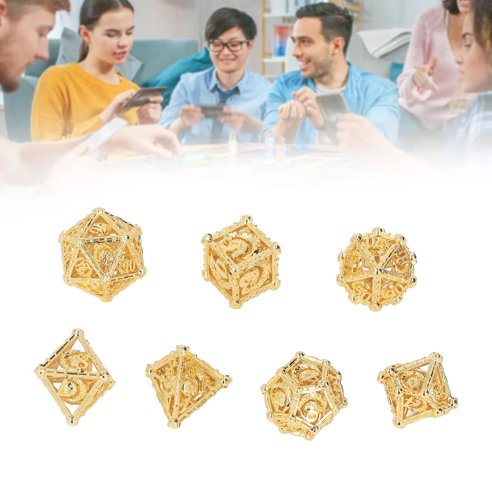 Game Dice Set, 7pcs Copper Different Shapes Hollow Polyhedral Dices for Board Games