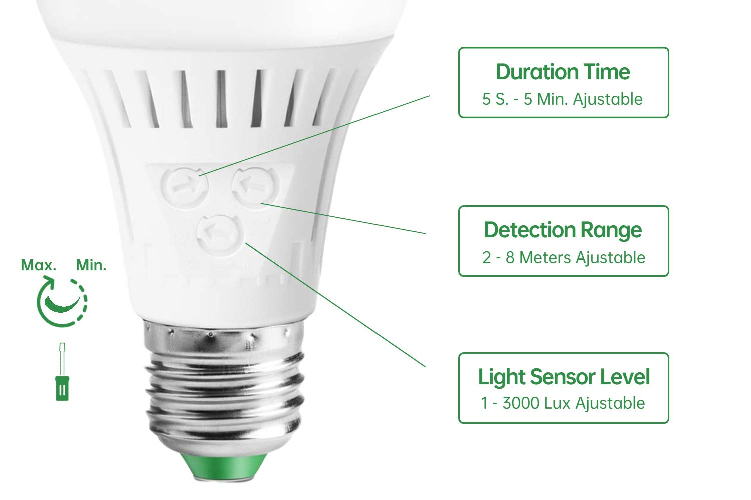 Elrigs Motion Sensor Light Bulb with Dusk to Dawn Lights Sensor, E26 Base, 7W LED(60W Equivalent), Warm White(3000K), Motion Sensitivity, Time and Twilight Setting Adjustable