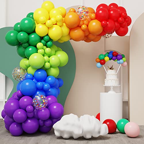 RUBFAC Rainbow Balloons Garland Arch Kit, 129pcs 12 Assorted Color Balloons Colorful Party Balloons for Birthday Party Baby Shower Decoration