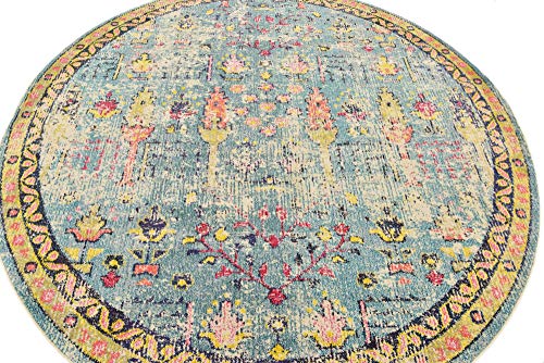 Unique Loom Monterey Collection Vintage Bohemian Inspired with Distressed Tribal Design Area Rug, Round 8' 0" x 8' 0", Blue/Yellow