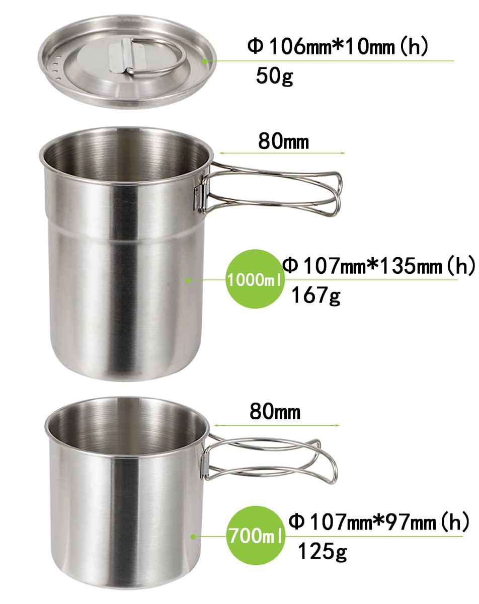 DZRZVD Camping Cups and Mugs Pot 2Pcs -304 Food Grade Stainless Steel - Outdoor Cookware Set with Vented Lid -33oz Big+24oz Small for Backpacking Picnic Hiking
