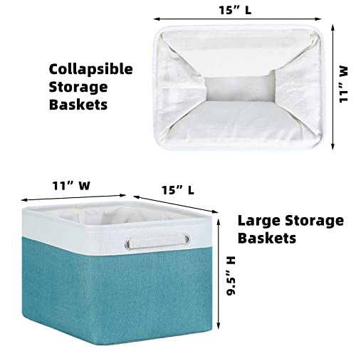 HNZIGE Fabric Storage Baskets for Shelves,Foldable Storage Baskets for Organizing(3 Pack),Rectangular Shelf Storage Bins for Shelves, Closets, Nursery, Home, Office, Empty Gift Baskets(Teal White)