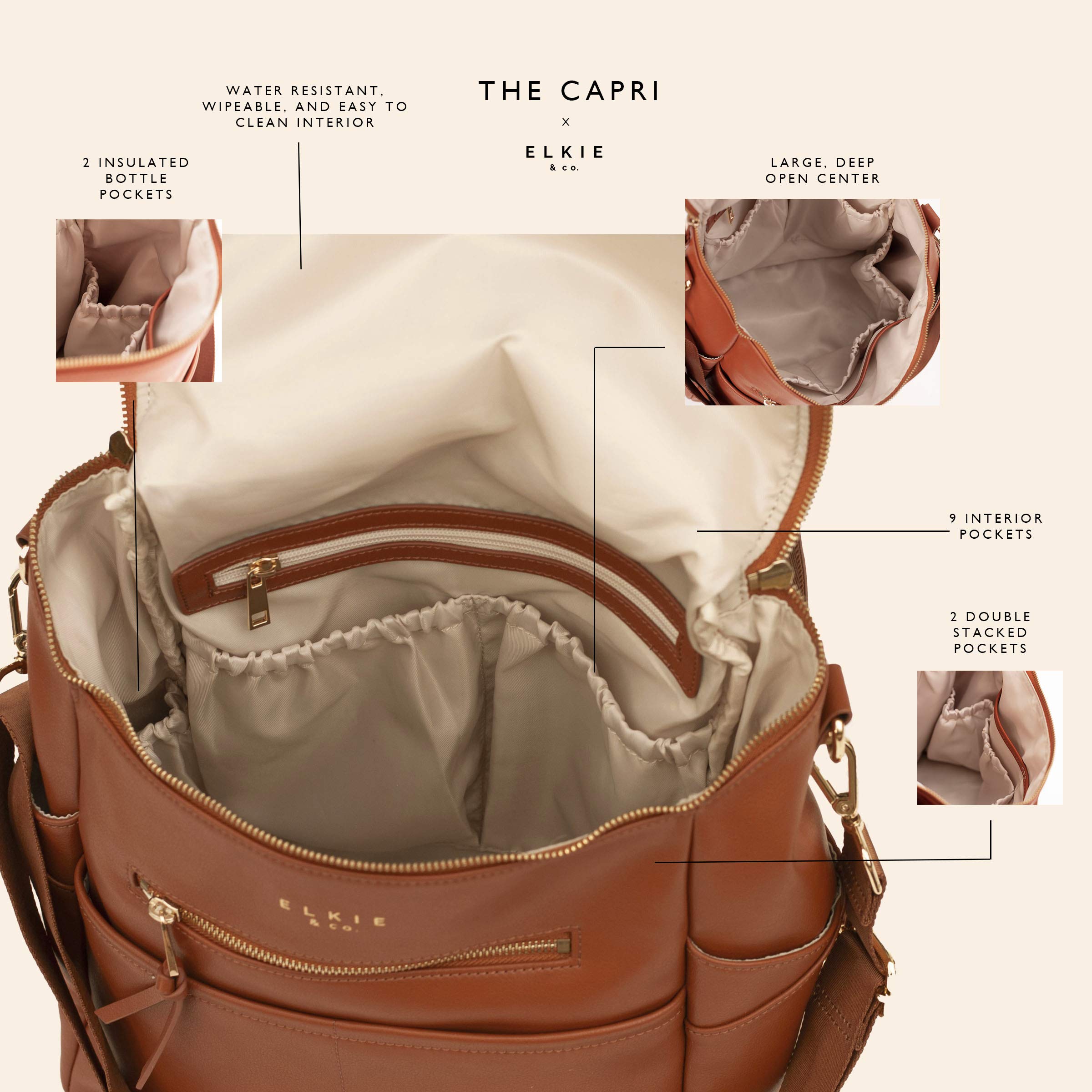 Elkie + Co. Vegan Leather Travel Work Everyday Diaper Nappy Backpack Crossbody for Mom I Modern, Minimalist, Multifunction, Large Capacity, Convertible Travel Bag…