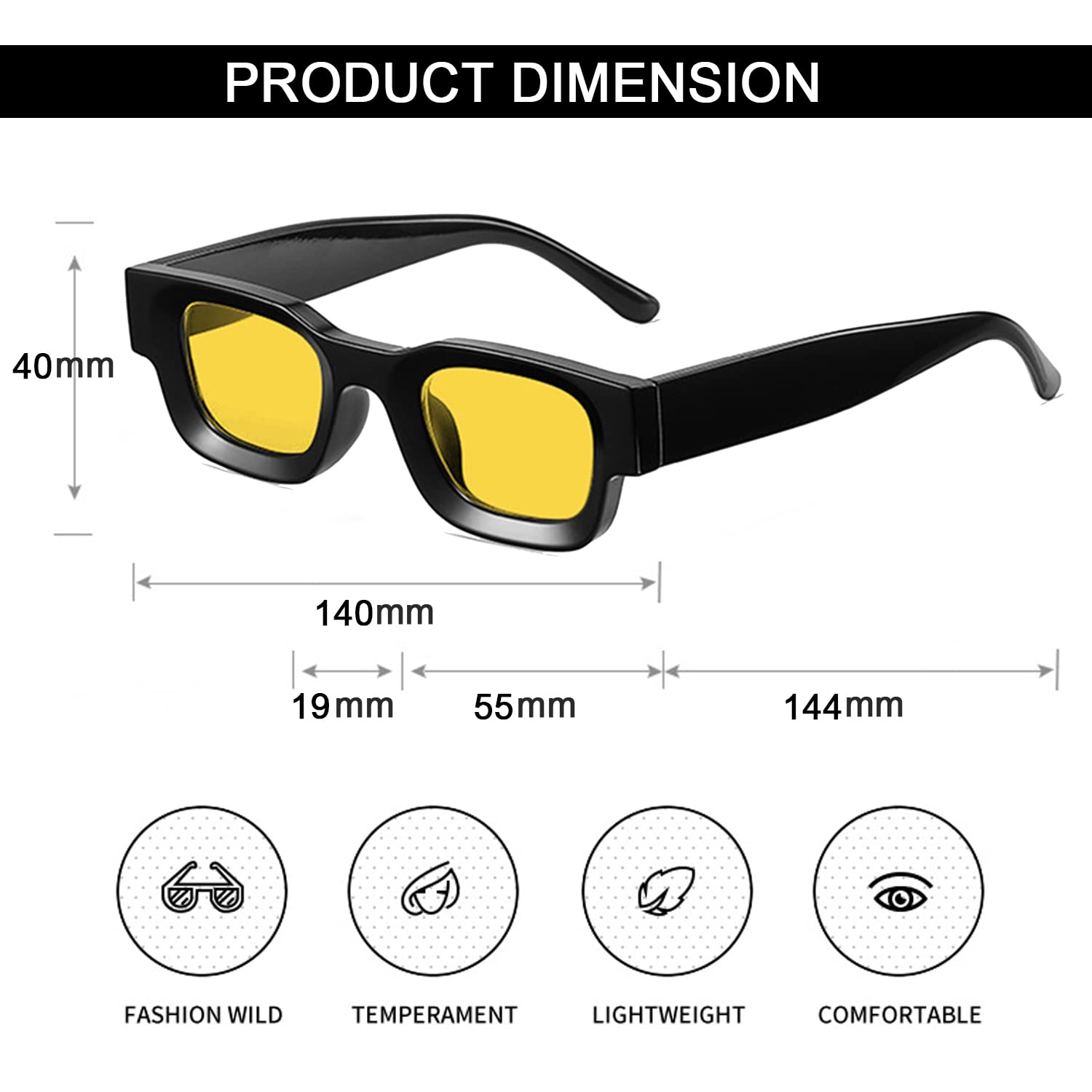 EYLRIM Thick Square Frame Sunglasses for Women Men Chunky Rectangle Polarized Sunglasses UV400 Protection(A4 Black/Ocean Yellow)