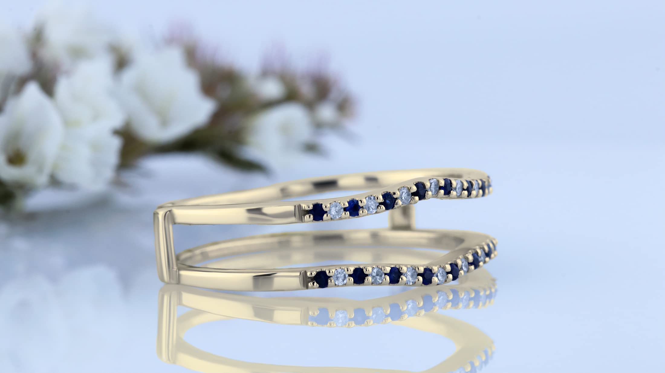 Dazzlingrock Collection Round Alternate Blue Sapphire & White Diamond Wedding Enhancer Guard Ring for Women in 14K Yellow Gold, Size 6