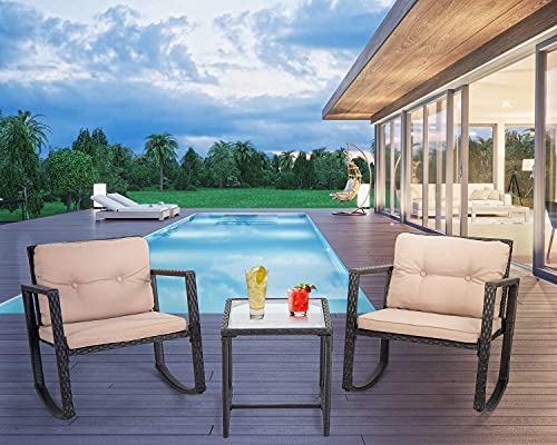 FDW Rocking Wicker Patio Furniture Modern Conversation Sets with Coffee Table for Yard and Bistro, Black