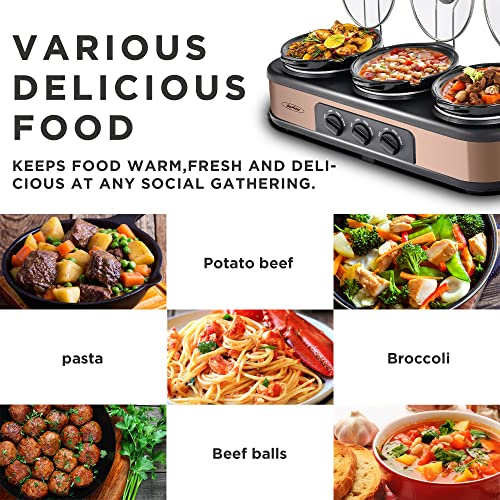 Slow Cooker, Dual and Triple Slow Cooker Buffet Server Multiple Pot Food Warmer, Slow Cooker Buffet Food Warmer Adjustable Temp Lid Rests Stainless Steel