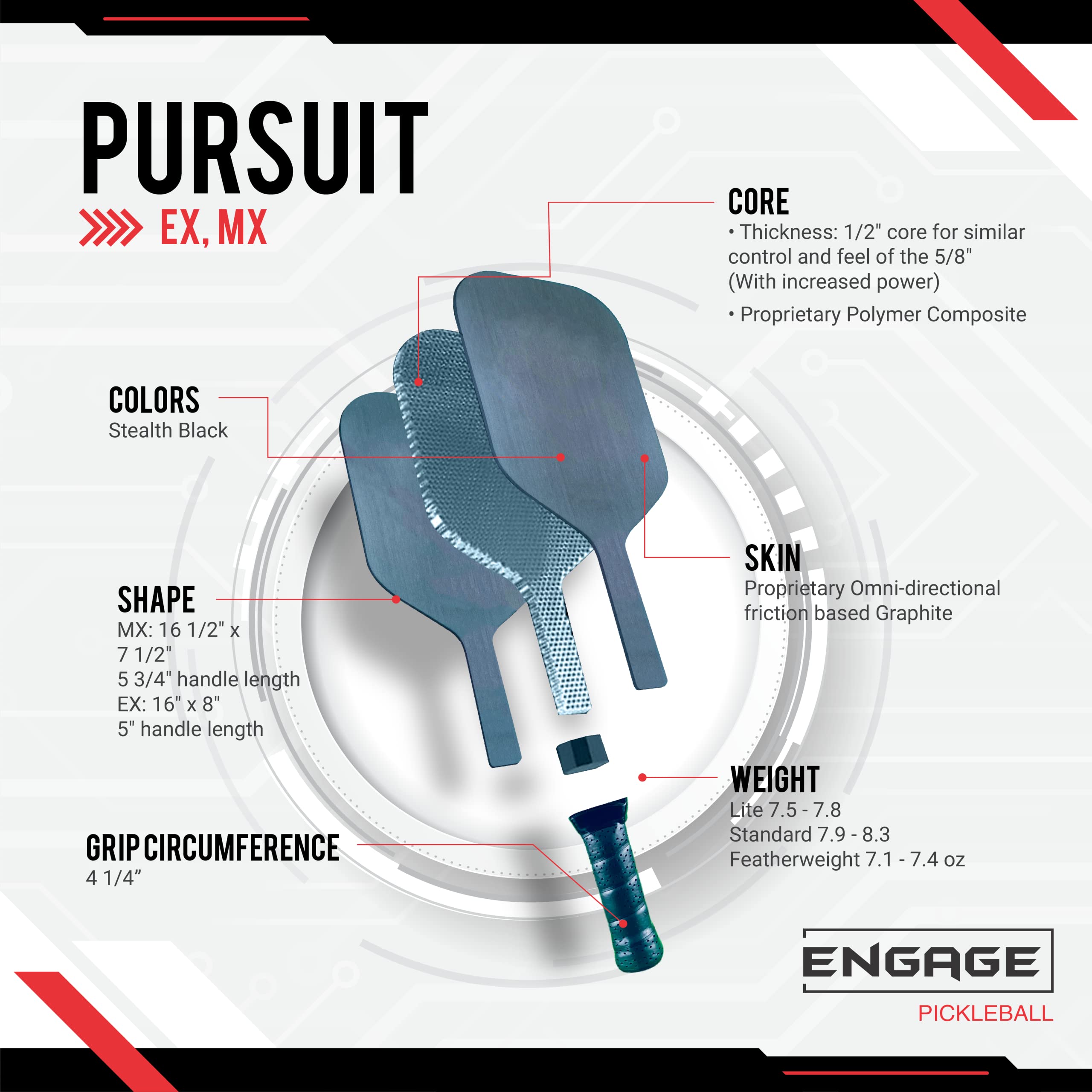 Engage Pursuit MX Graphite Pickleball Paddle – Rough Texture for Long Lasting Spin – Responsive Core for Control and Feel – Standard Grip, Standard Weight (7.9-8.3 oz) - USAP Approved