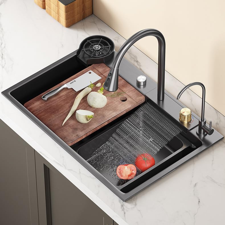 ECTbicyk Waterfall Kitchen Sink,31.5Inch Drop in Single Bowl Stainless Steel Kitchen Sink,Workstation Kitchen Sink with Accessories