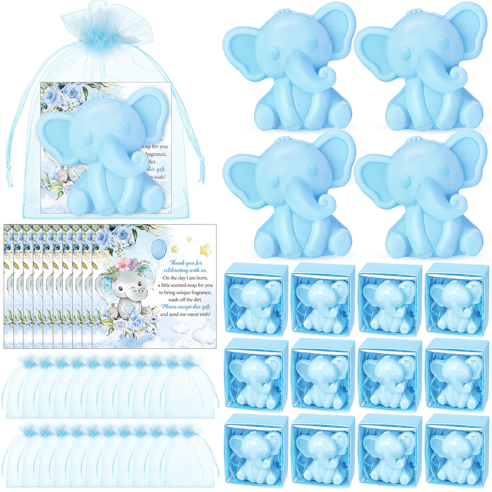 Maxcheck 50 Pcs Baby Shower Elephant Soaps Favors with Organza Bags Thank You Cards Handmade Cute Scented Soap Elephant Decorations Bulk for Guests Girl Boy Baby Shower Gifts Party Souvenirs(Blue)