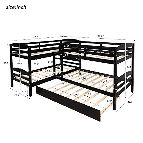 Harper & Bright Designs Quad Bunk Bed with Trundle, L Shaped Bunk Bed for 4 Kids, Wooden Twin Bunk Bed Frame for Kids Teens Adults - Espresso