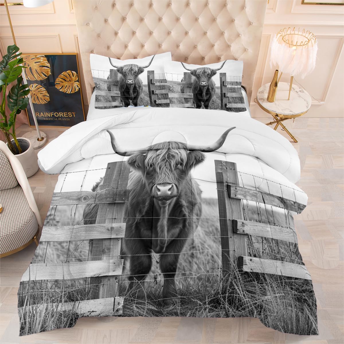 Menkala Grey Cow Queen Size Bedding Set,Highland Cattle Comforter Set for Men Women,Farmhouse Bull Down Alternative Comforter,3Pcs Comforter Breathable Warm Room Collection