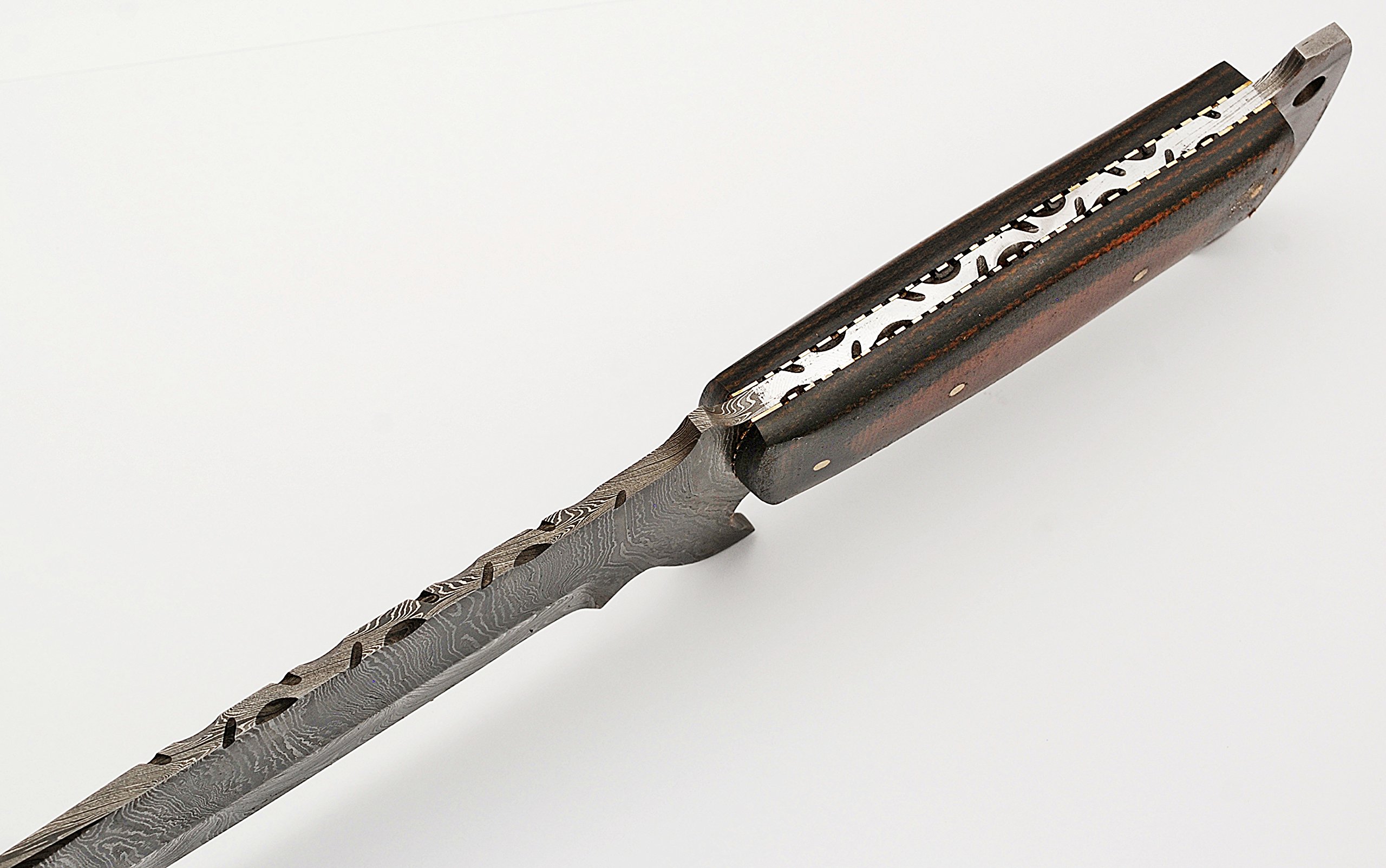 Damascus Hunting Fix Blade Knife | Custom Handmade Outdoor Camping Survival Kitchen Knives, Bowie Chef Knife EDC 18” Makala Wood Handle with Leather Sheath