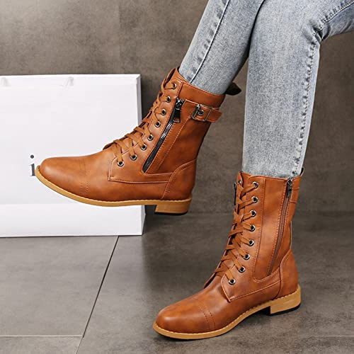 FASDNENDYS Boots for Women Low Heel Heel Side Motorcycle Chunky Boots Shoes for Women Zipper Cowboy Boots 1 Inch Heel Brown