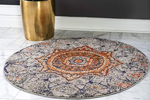 Unique Loom Vita Collection Modern Over-Dyed Center Medallion Vintage Area Rug, 8 ft x 8 ft, Gray/Ivory