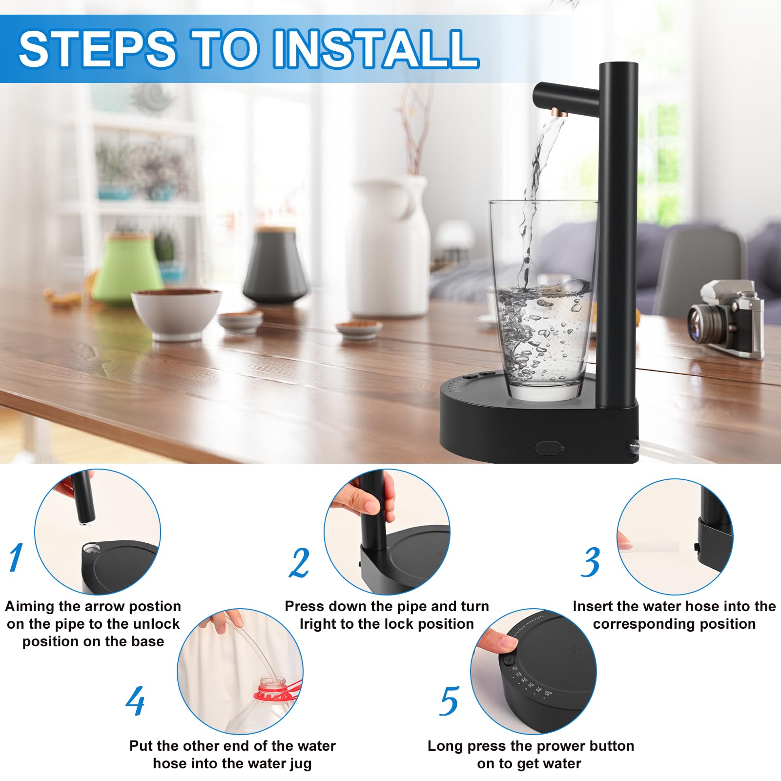Desktop Water Dispenser - Automatic Water Dispenser 5 Gallon for Universal Bottles, Intelligent Water Pump Drinking Water Dispenser, Dispensador de Agua for Home/Camping/Office(Black)