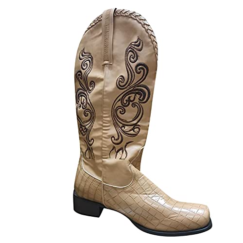 FASDNENDYS Boots for Women with Heel Booties Shoes Heels Women Retro Slip On Round Booties for Women Comfortable Beige