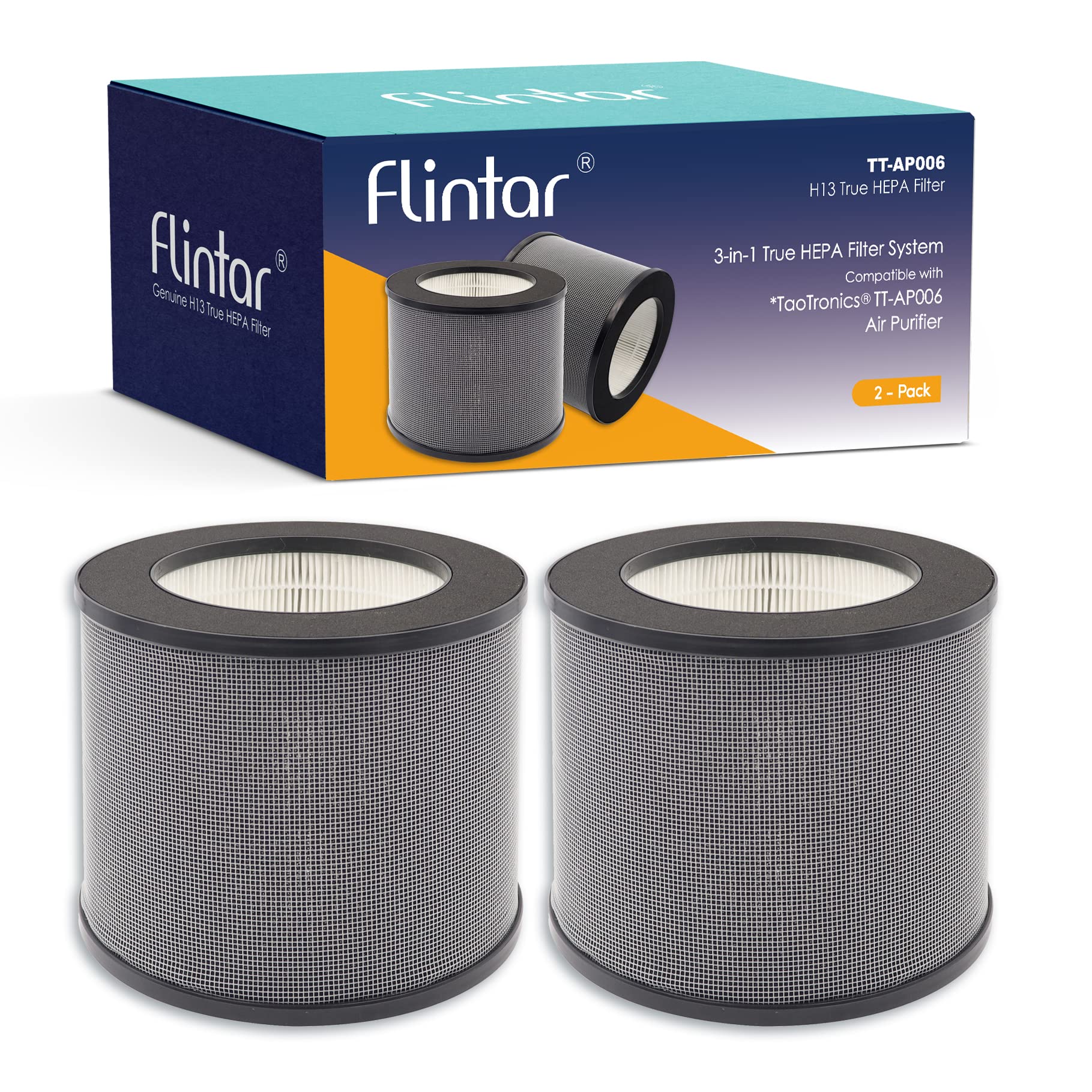 Flintar 2-Pack AP006 H13 True HEPA Replacement Filter, Compatible with TaoTronics TT-AP006 Air Purifier, 3-in-1 Pre-Filter, H13 Grade True HEPA and Activated Carbon Filter Set