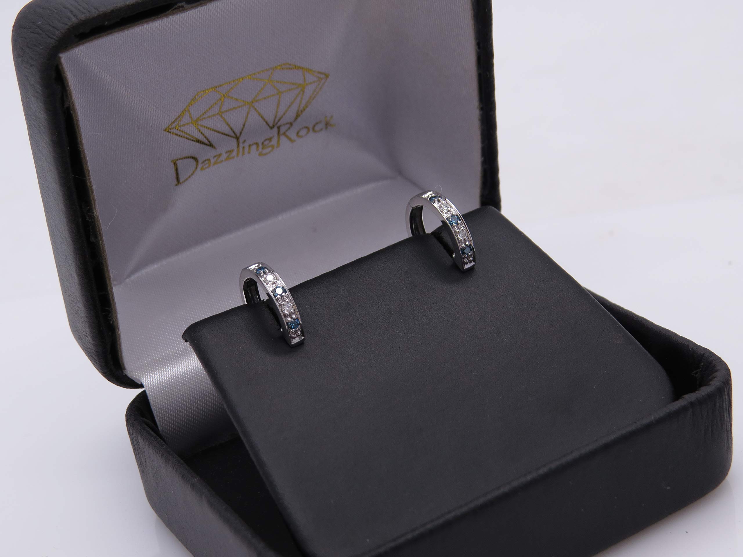 Dazzlingrock Collection Round Blue & White Diamond Single Row Hinged Post Hoop Earrings for Women in 10K White Gold