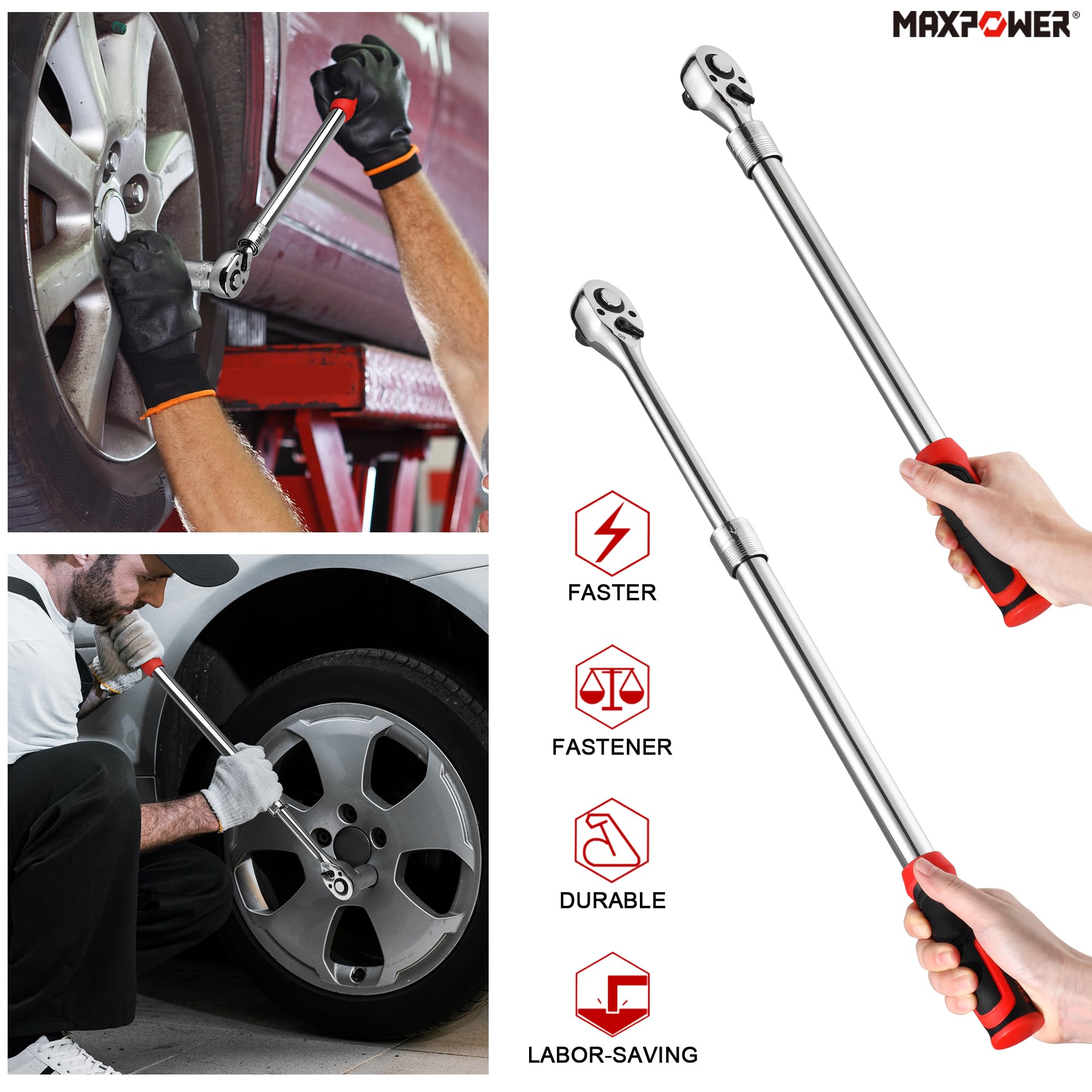 MAXPOWER 1/2-Inch Drive Extendable Ratchet Wrench, 1/2 Inch Drive Ratchet Socket Wrench, Quick Release 72-Tooth Reversible Ratcheting Feature(17 1/8" - 22 5/8" Length)
