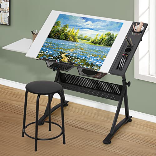 MoNiBloom Height-Adjustable Drafting Table, Tiltable Tabletop Drawing Table Adult Art Craft Work Station w/Stool for Reading Writing Painting, Homeschooling Desk for Children with 2 Storage Drawers
