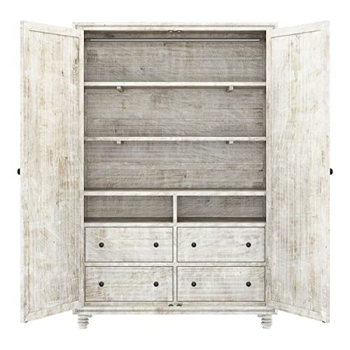 Khalifa Hand Carved Wardrobe Armoire - Weathered White Finish Mango Wood