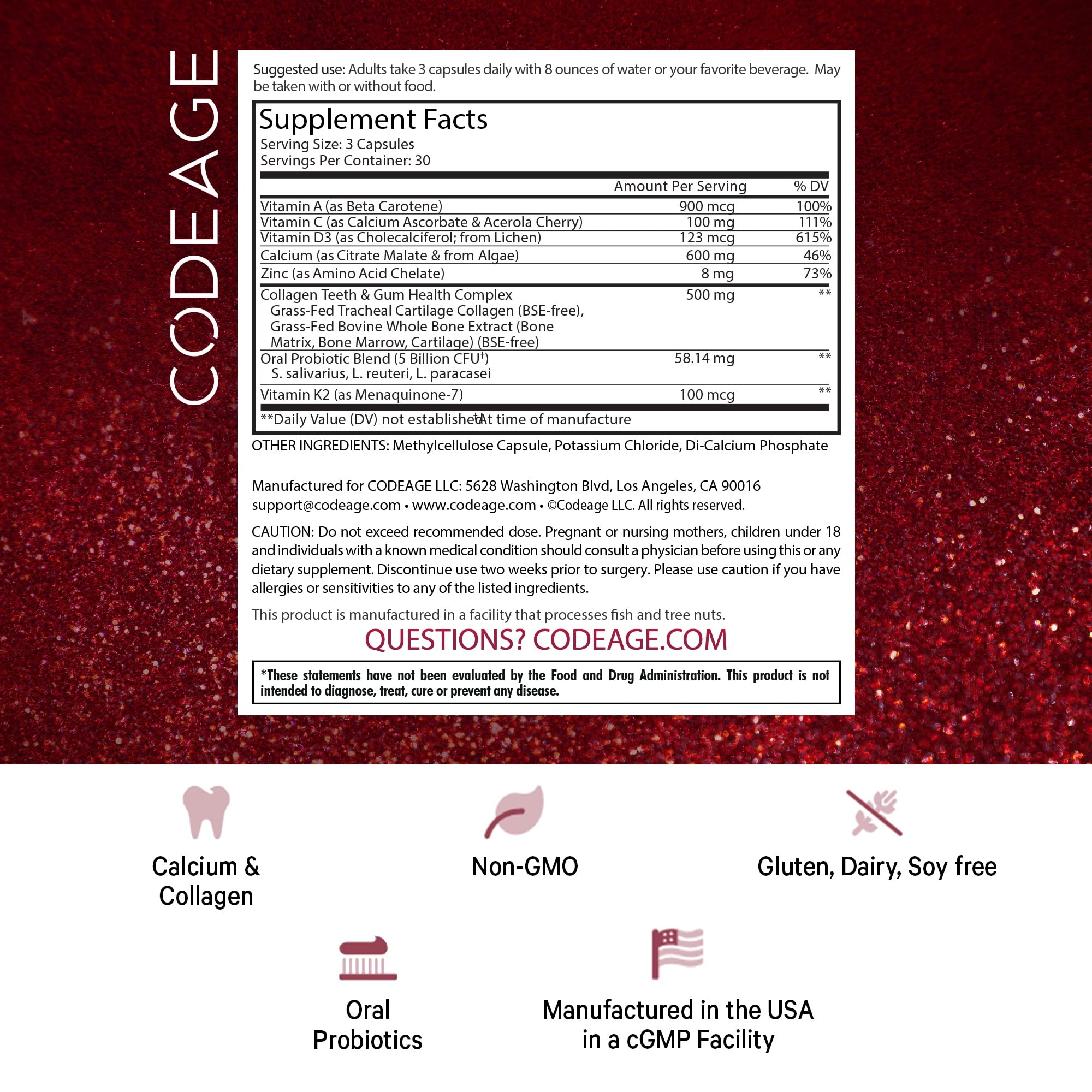 Codeage Teeth & Gums Vitamins + Oral Probiotics Supplement for Mouth - Whole Food Calcium, Collagen, Potassium, Vitamin C, D3, K2, Zinc β Oral Care & Dental Multivitamin Supplements - 90 Capsules
