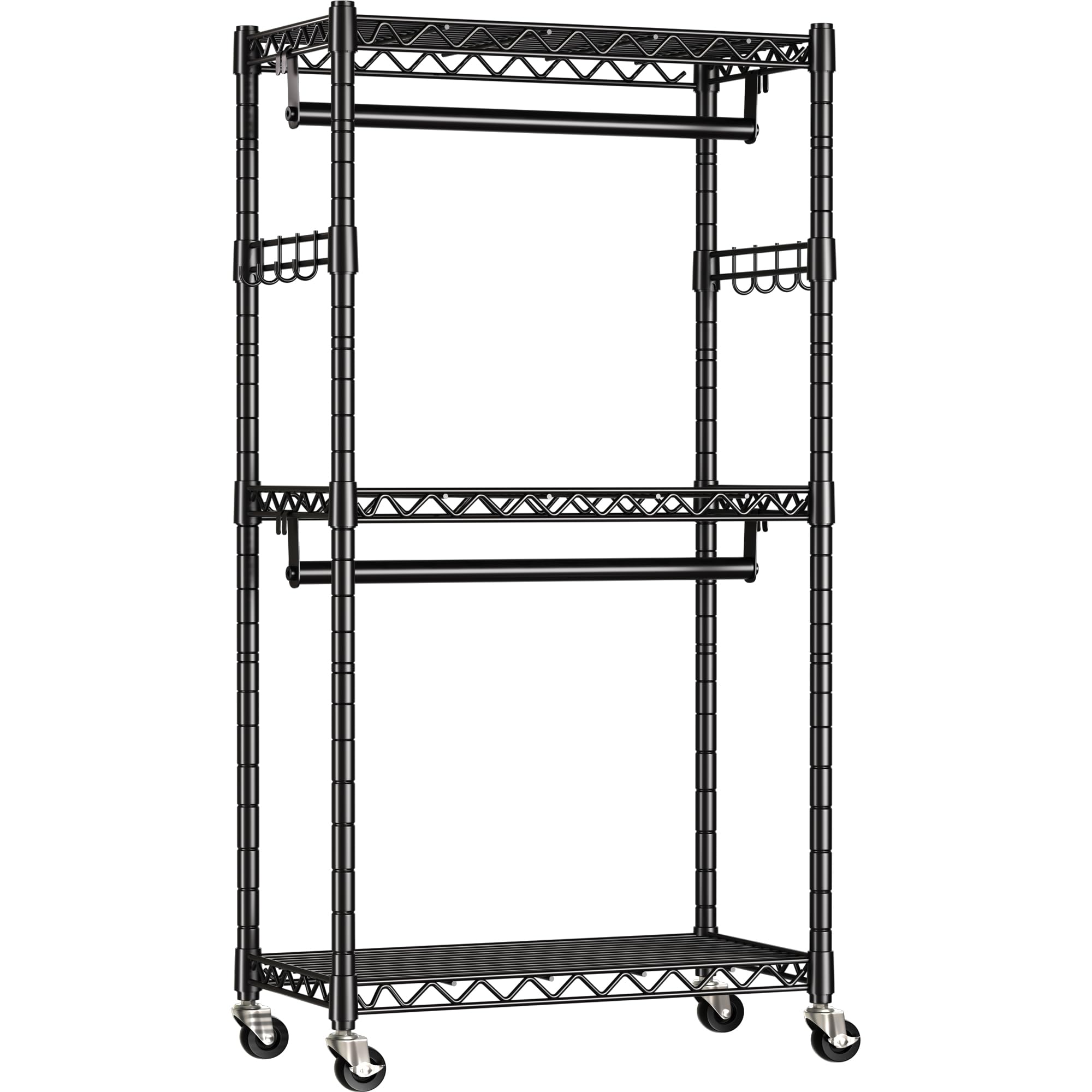 GIOTORENT G11 Heavy Duty Rolling Garment Rack, 3 Tier Metal Clothes Rack with Rod & Hooks, Freestanding Wardrobe Clothing Storage Rack, Portable Closet Organizer Rack, Max Load 450 LBS, Black