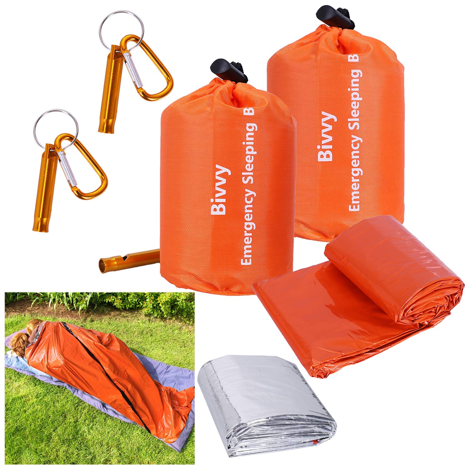 Emergency Survival Sleeping Bag with Stuff Sack and Whistle Waterproof Thermal Bivy Sack Portable Lightweight Emergency Survival Blanket for Camping,Hiking,Outdoor Adventure Activities(2 Pack)